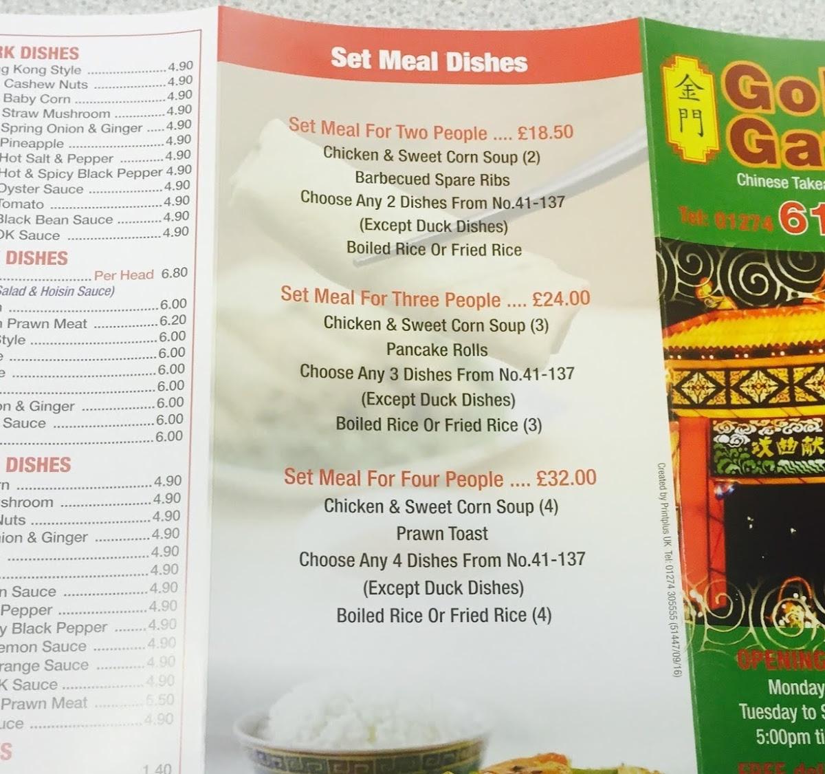 Menu at Golden Gates restaurant, Bradford