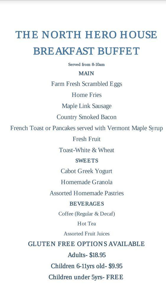 Menu at The North Hero House Inn & Restaurant, North Hero, U.S. Rte 2