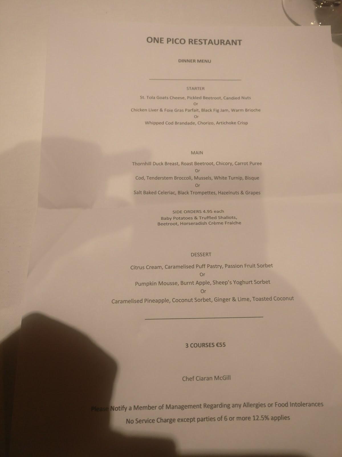 Menu at One Pico Restaurant, Dublin