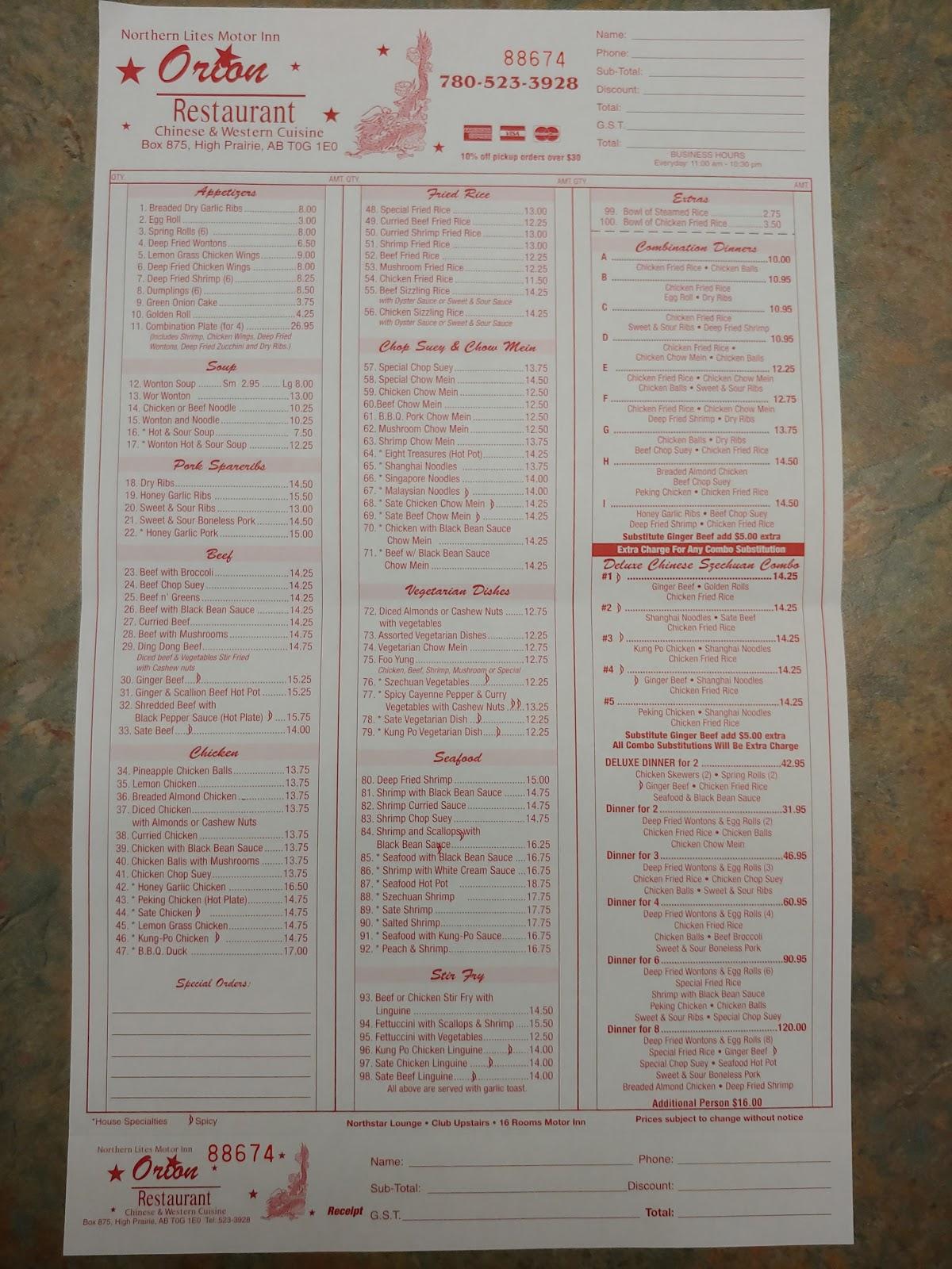 Menu at Orion Restaurant, High Prairie