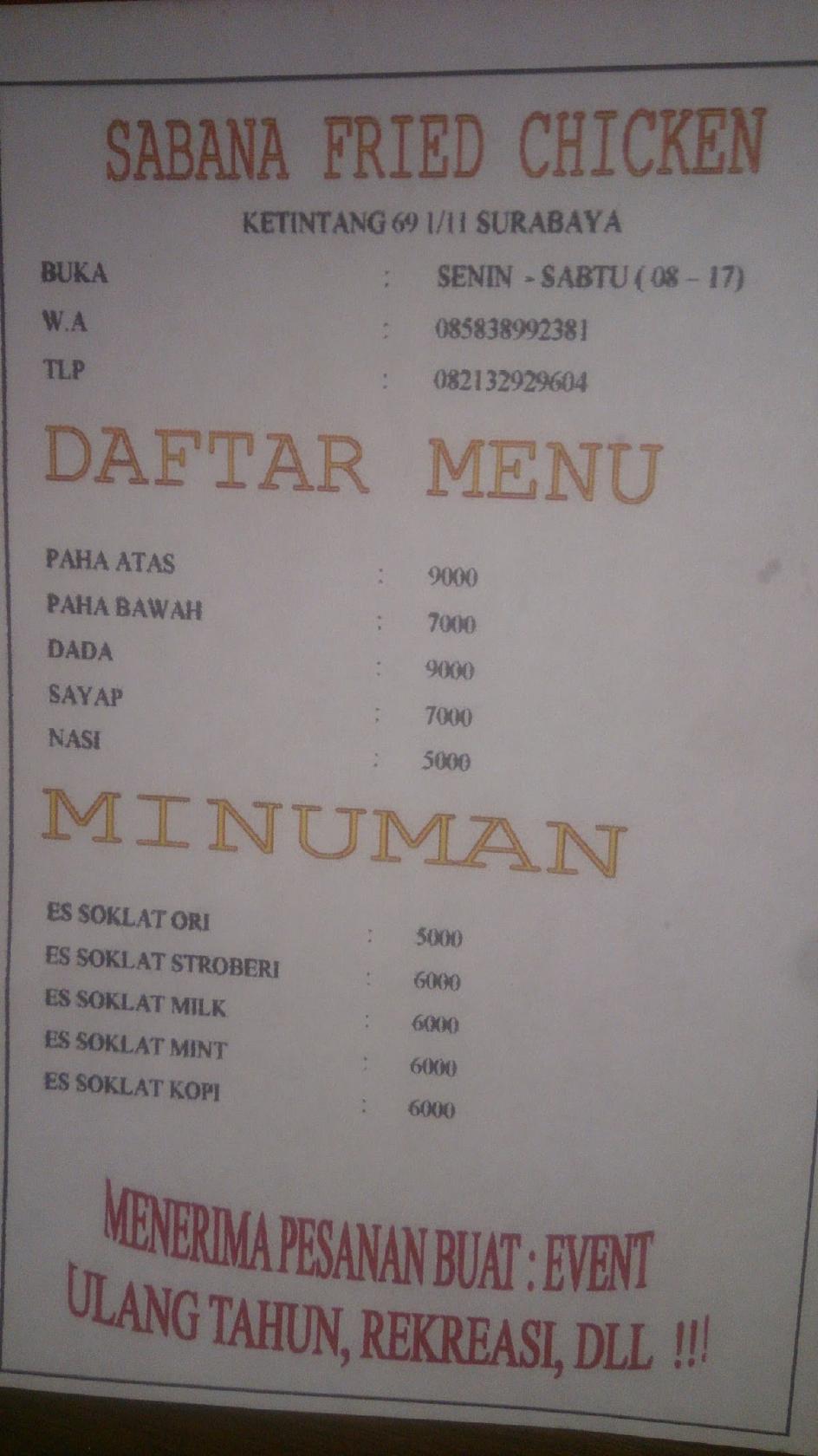 Menu at Sabana Fried Chicken restaurant, Surabaya, Jl. Ketintang 1 No.11