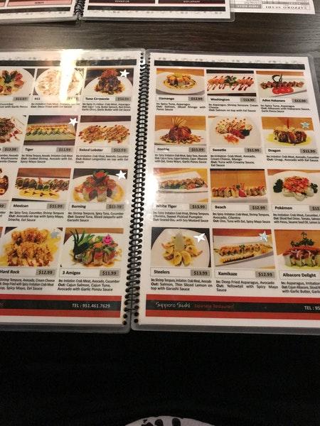 Menu at Sapporo Sushi restaurant, Murrieta, Winchester Rd