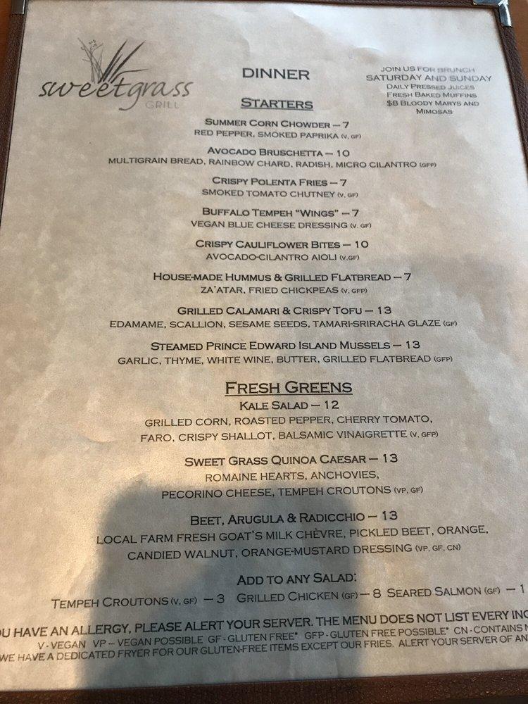 Menu at Sweet Grass Grill restaurant, Tarrytown