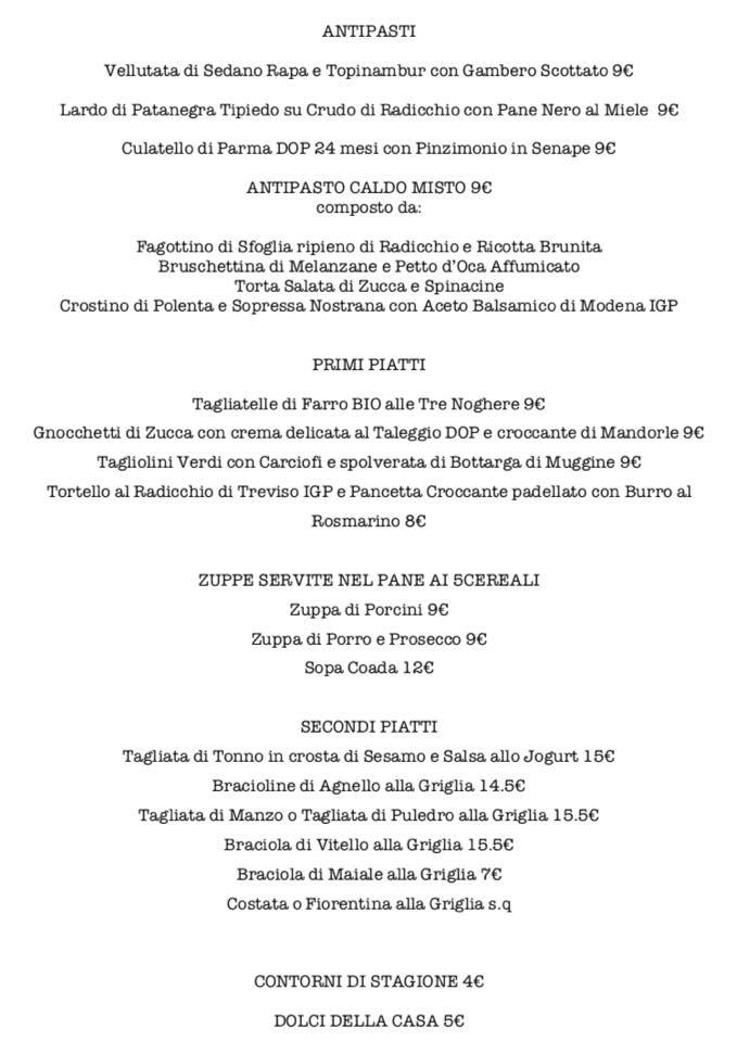 Menu at Tre Noghere restaurant, Valdobbiadene