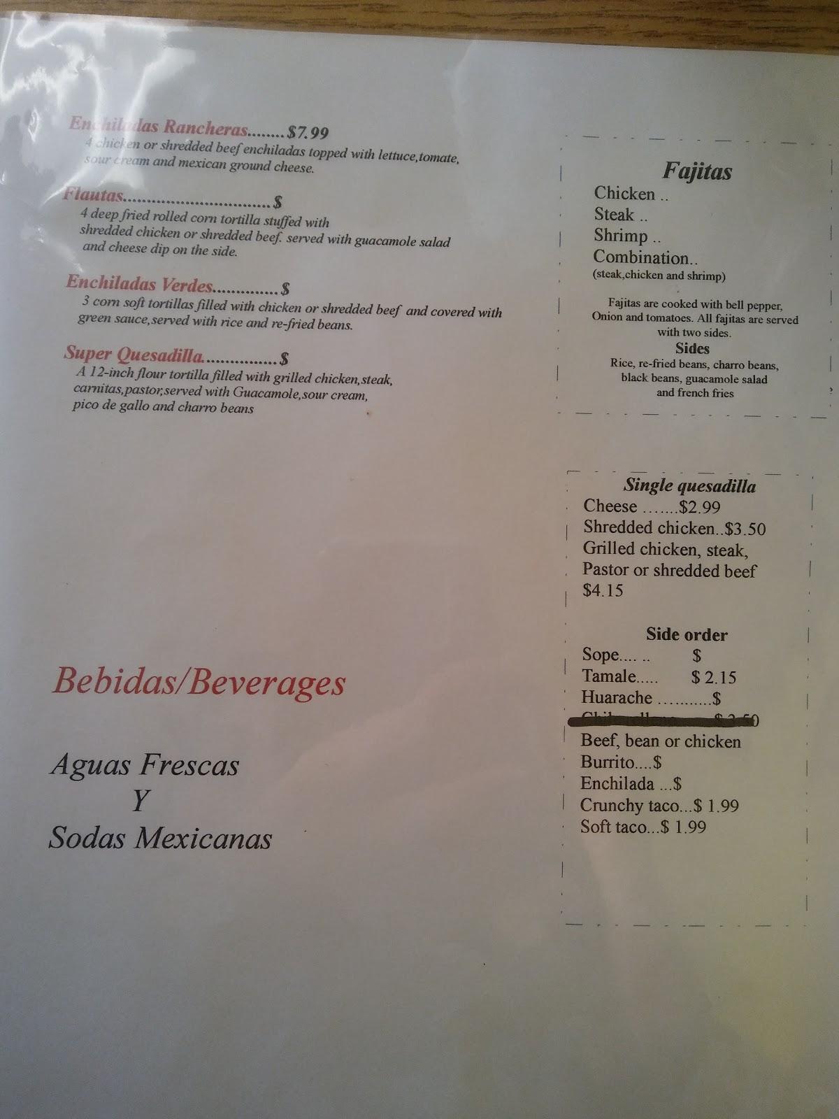 Menu at Valencia’s restaurant, Troy
