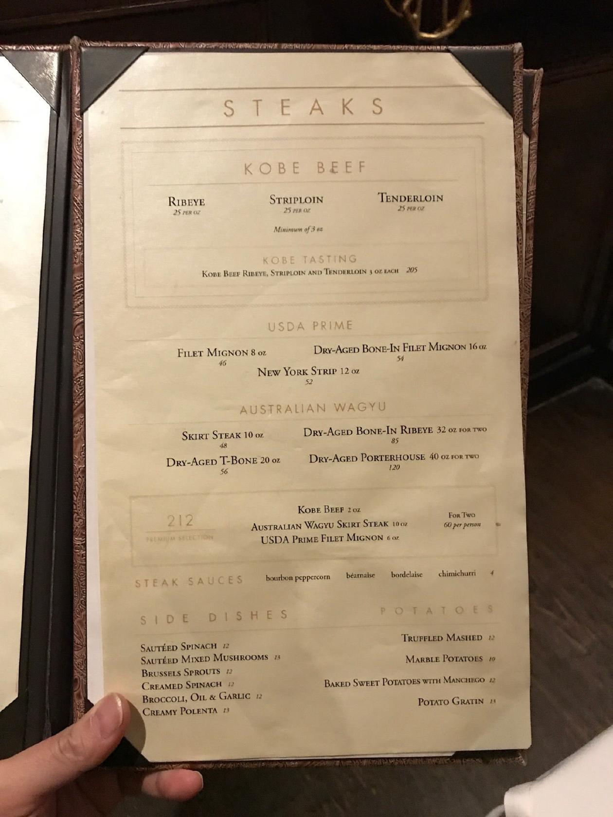 Menu at 212 Steakhouse, West New York