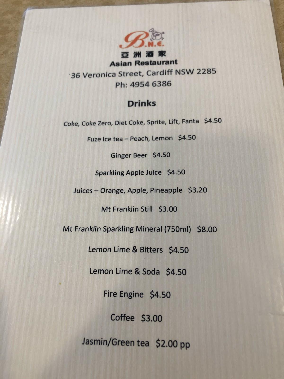 Menu at BNE Asian Restaurant, Cardiff