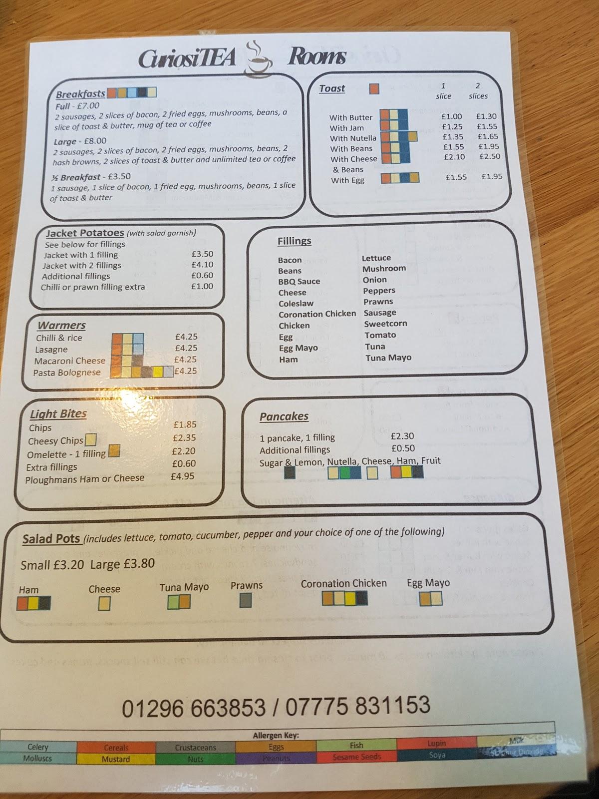 Menu at Curiositea Rooms cafe, Pitstone, Vicarage Rd
