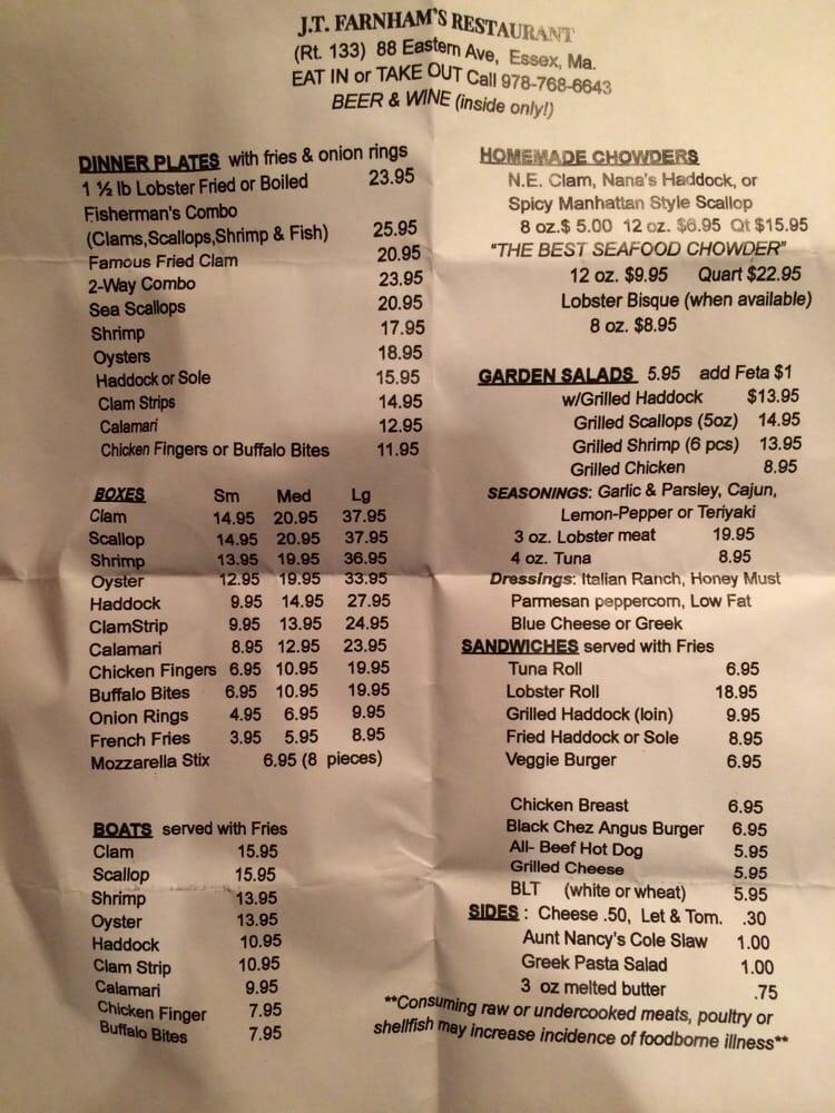 Menu at J.T. Farnham's restaurant, Essex