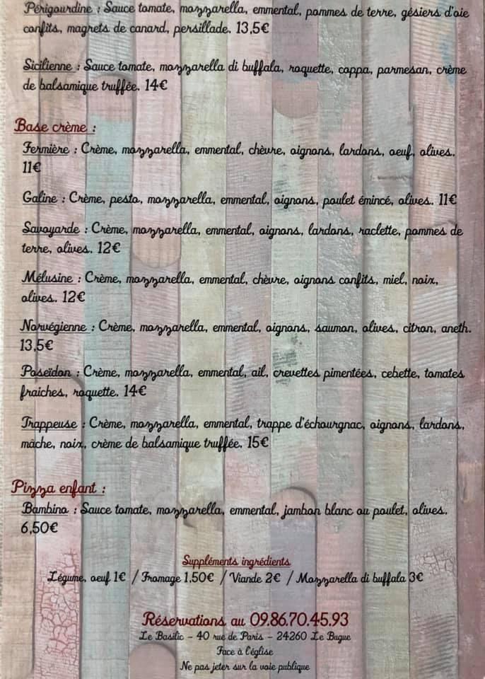 Carta del restaurante Le Basilic, Le Bugue