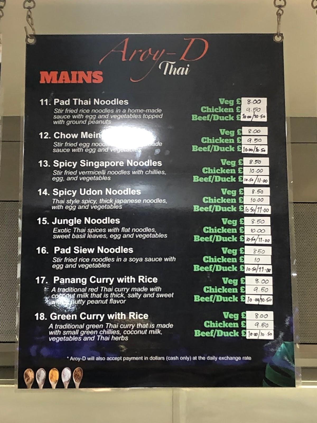 Menu at Aroy-D Thai restaurant, Beck Row