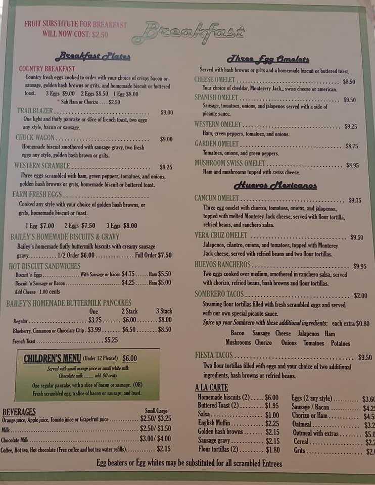 Menu at Bailey's Restaurant, Houston