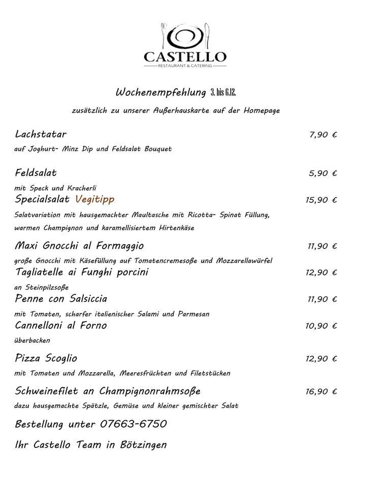 Menu at Castello Restaurant Pizzeria Catering, Bötzingen