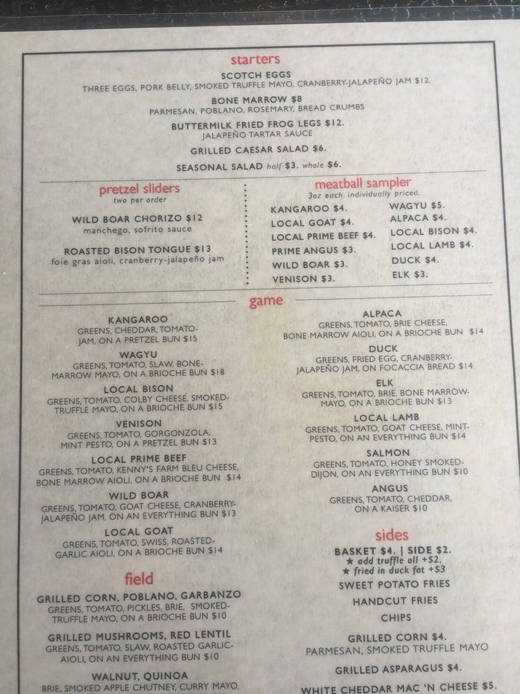 Menu at Game Restaurant, Louisville, Lexington Rd