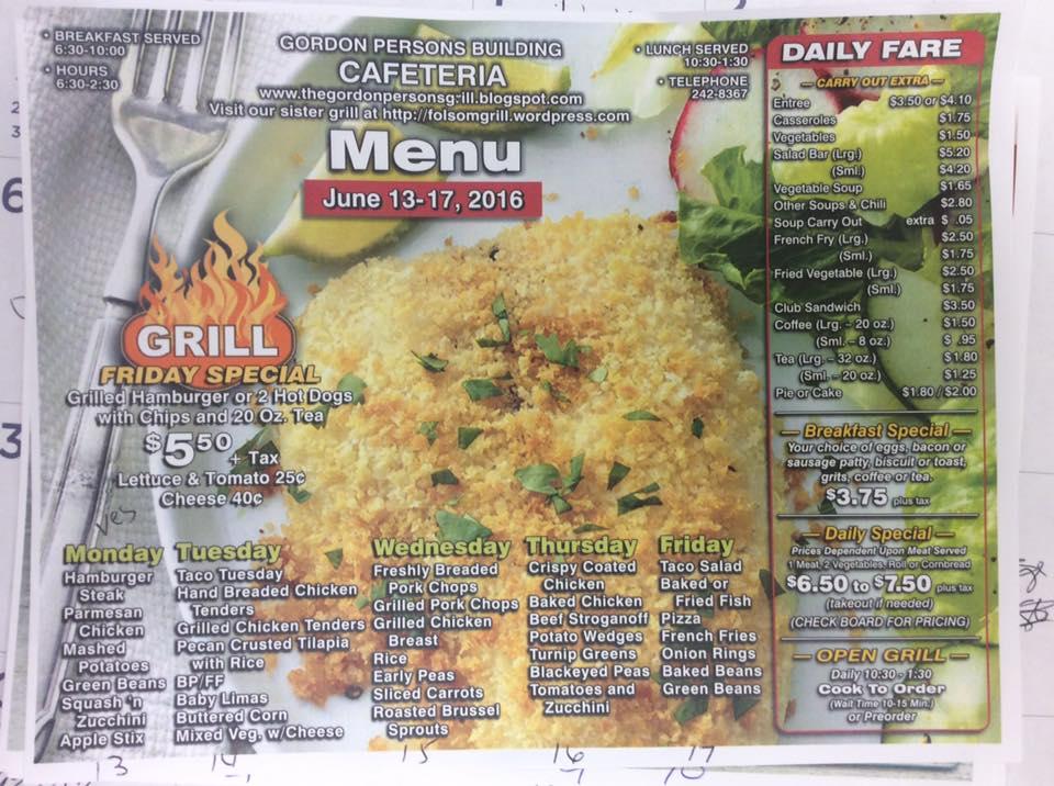 Menu at Gordon Persons Grill cafeteria, Montgomery