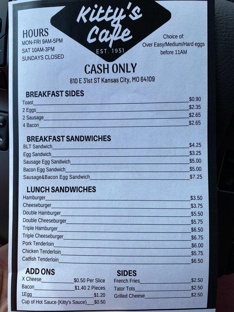 Menu at Kitty's Cafe, Kansas City