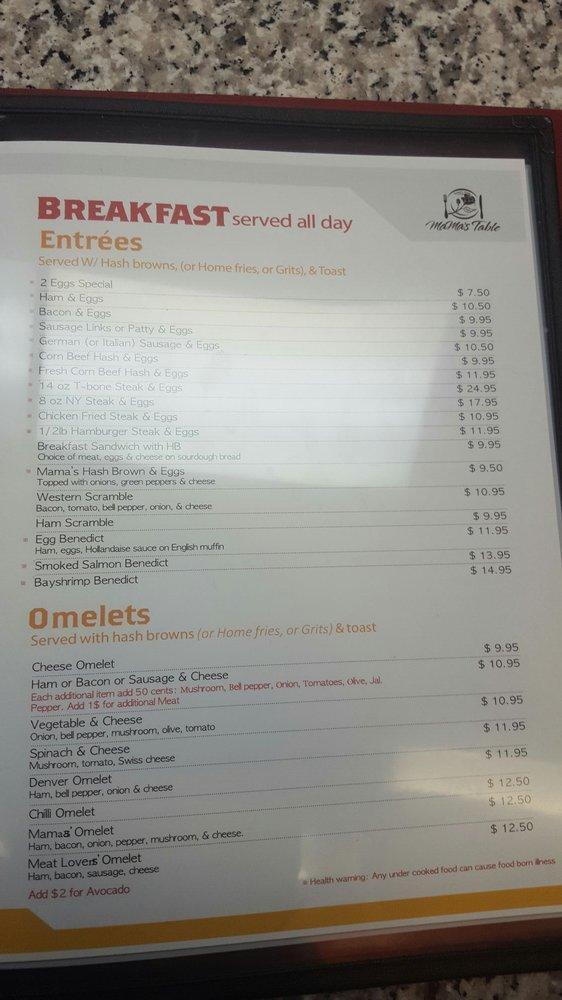 Menu at Mama's Table restaurant, Santa Clarita