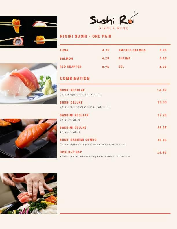 Menu at Sushi Ro restaurant, Prattville