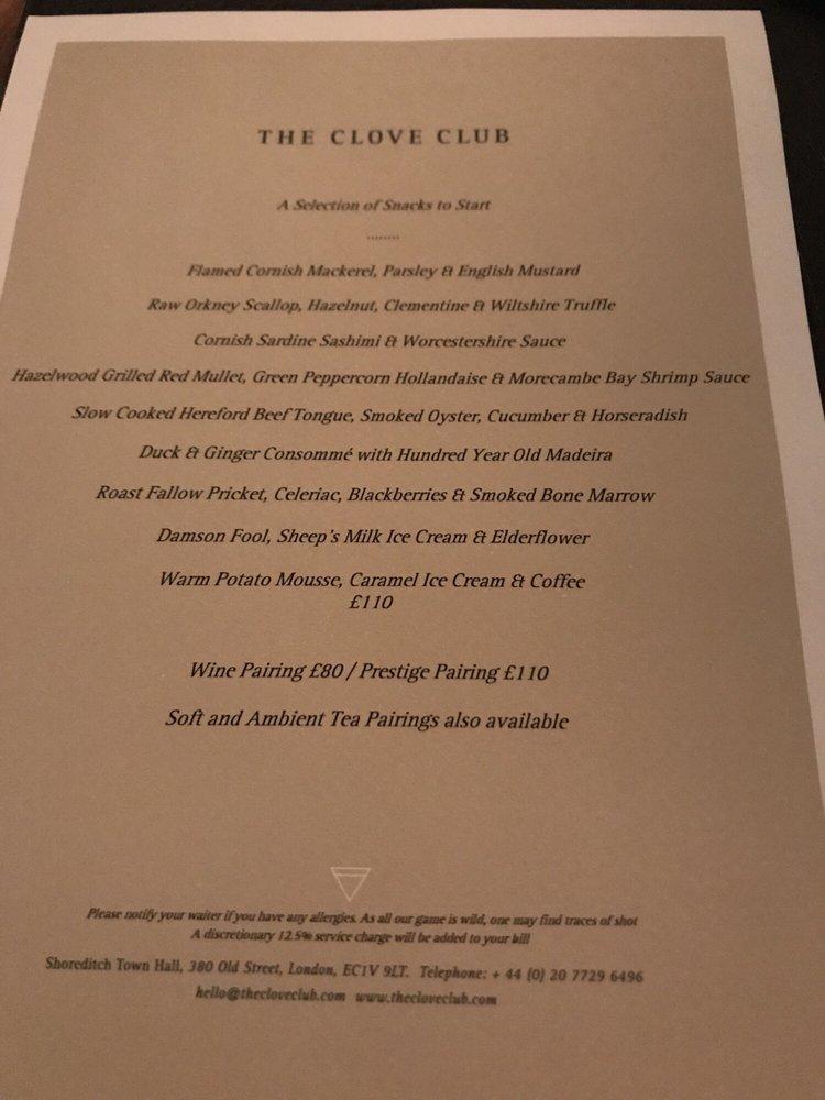 Menu at The Clove Club, London