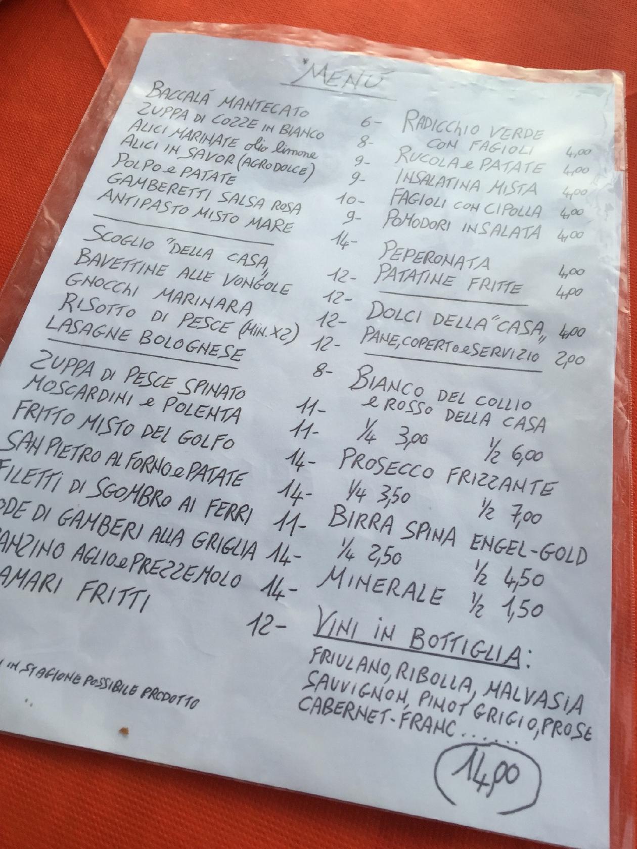 Menu at Trattoria Alla Vecia Pescheria Trieste restaurant, Trieste