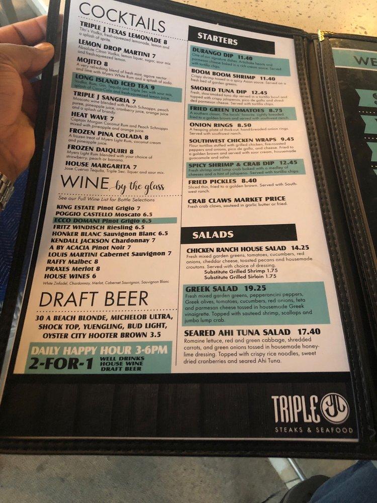 Menu at Triple J Steakhouse, Panama City Beach