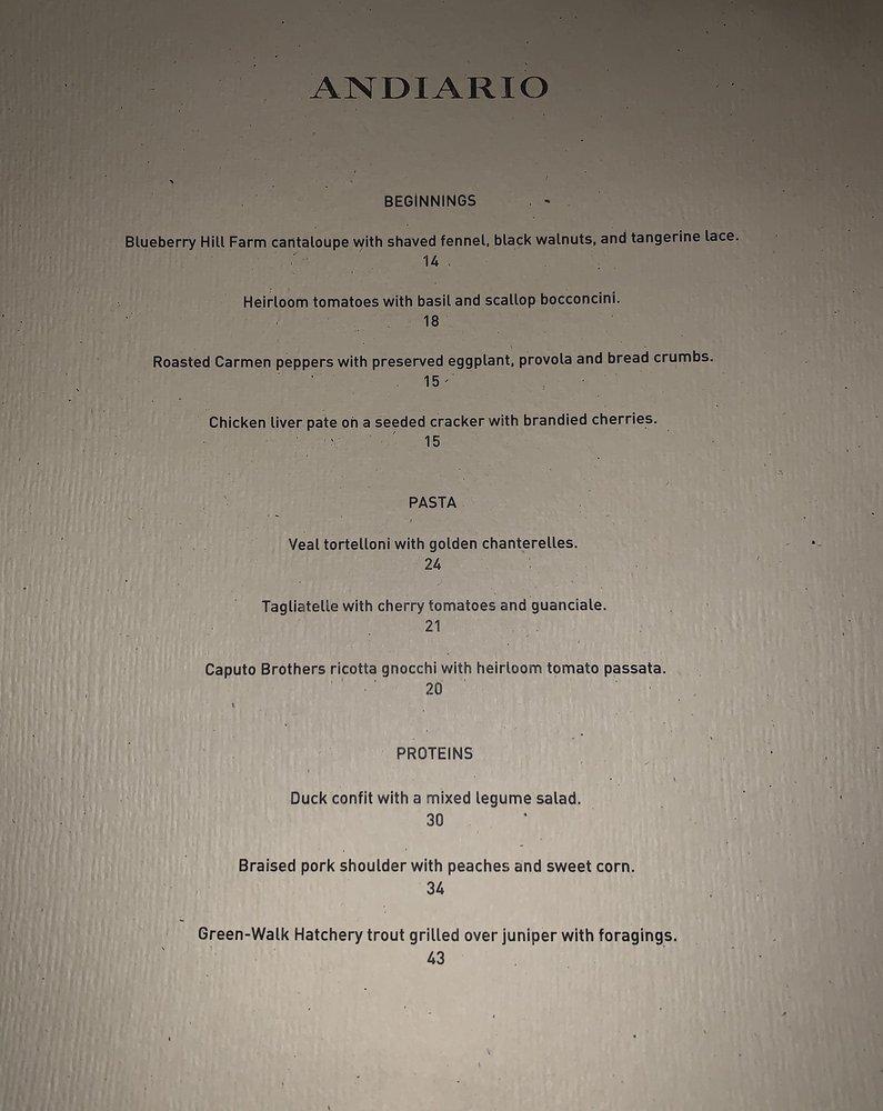 Menu at Andiario restaurant, West Chester