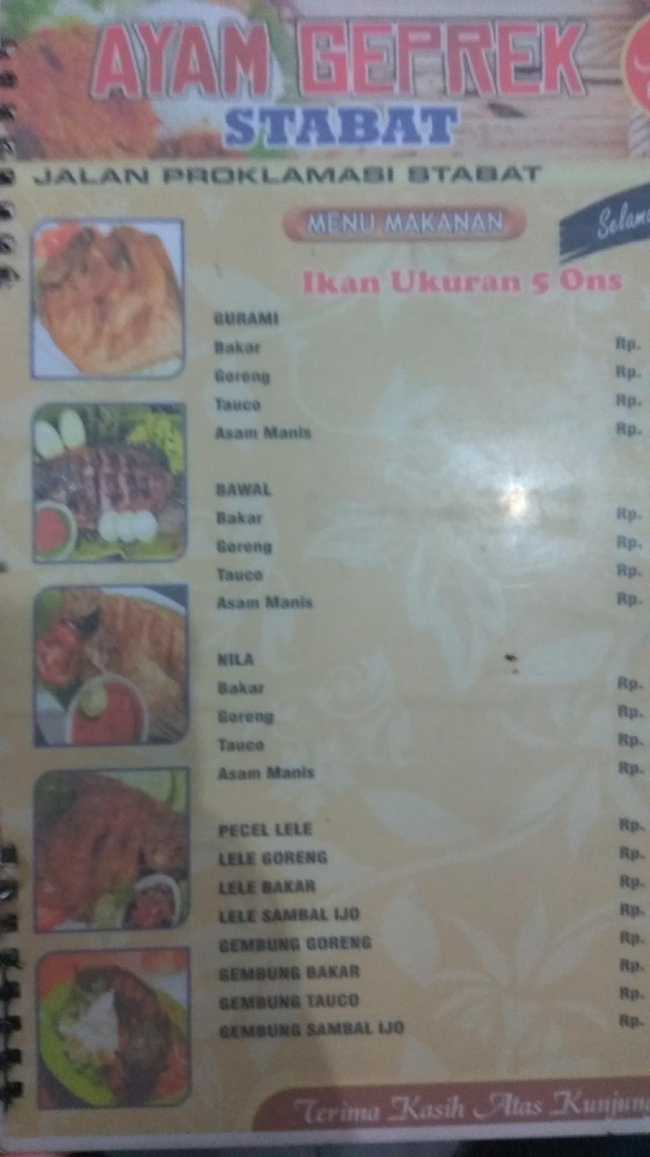 Carta del restaurante Ayam Penyet Stabat, Stabat
