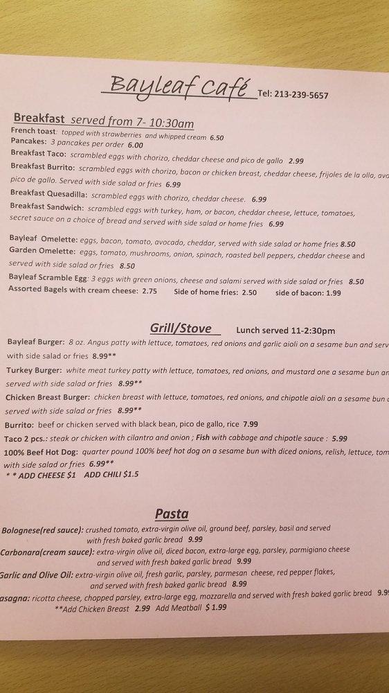 Menu at Bayleaf Cafe, Los Angeles