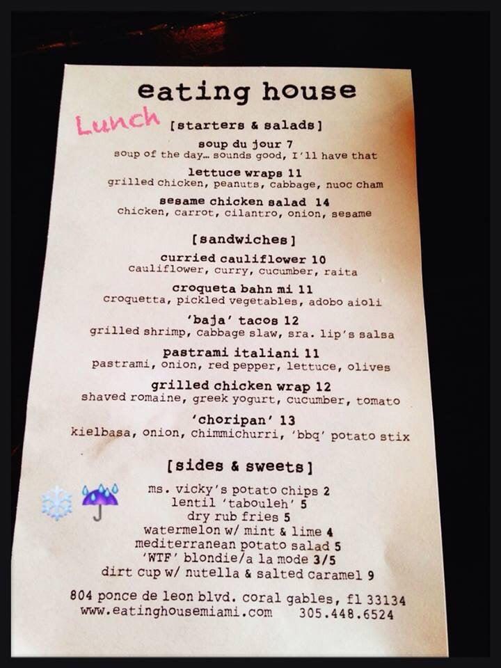 Menu at Eating House Miami restaurant, Coral Gables