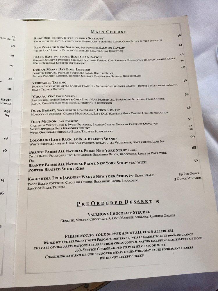 Menu at Flagstaff House restaurant, Boulder