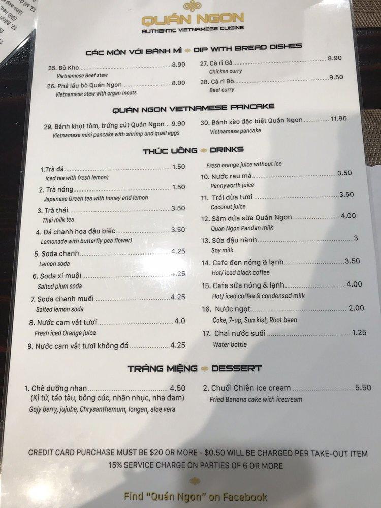 Menu at Quán Ngon restaurant, Garden Grove