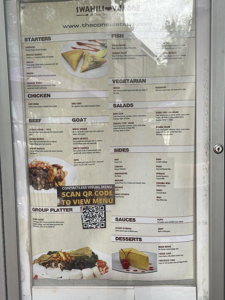 Menu at Swahili Village - The Consulate DC pub & bar, Washington, M St NW