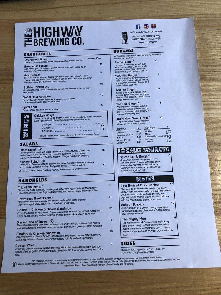 Menu at The Highway Brewing Co restaurant, West Branch