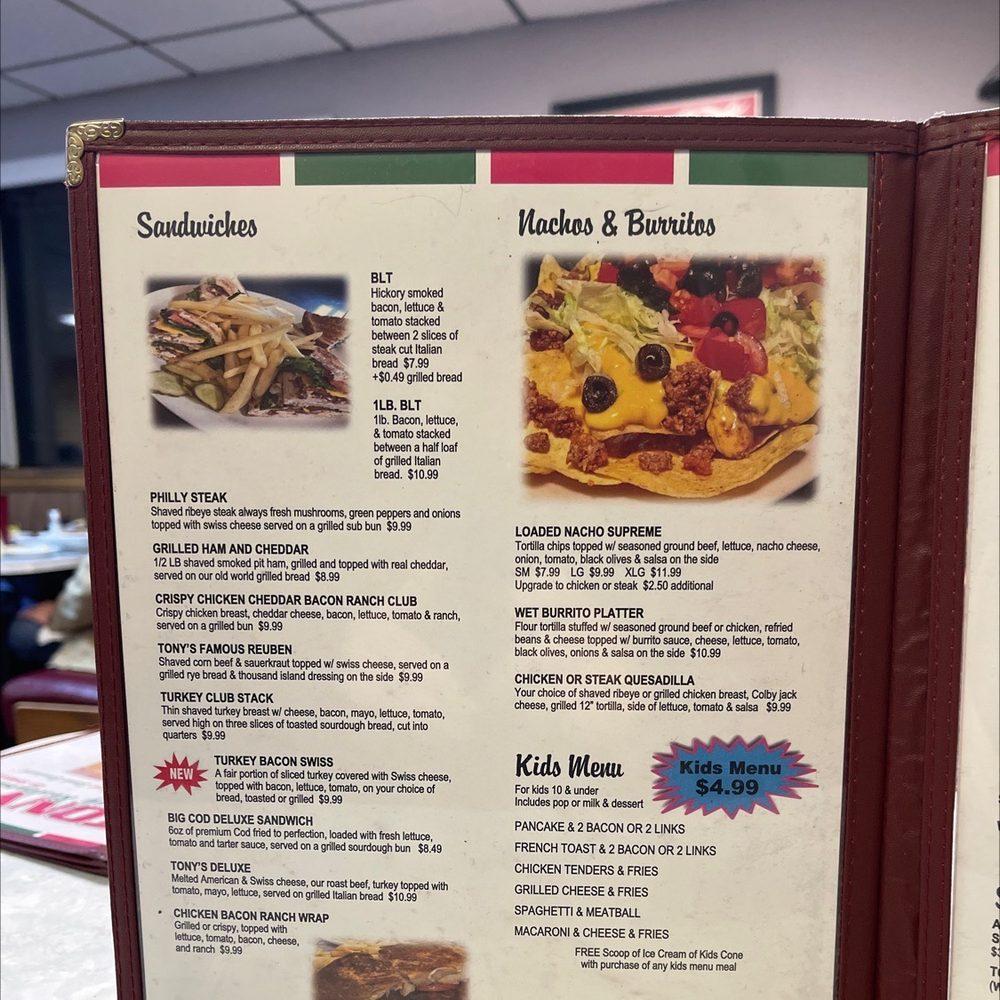 Menu at Tony’s of Shields restaurant, Thomas Township, Gratiot Rd
