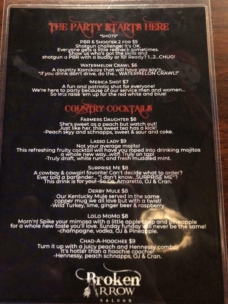 Menu at Broken Arrow Saloon pub & bar, Tracy