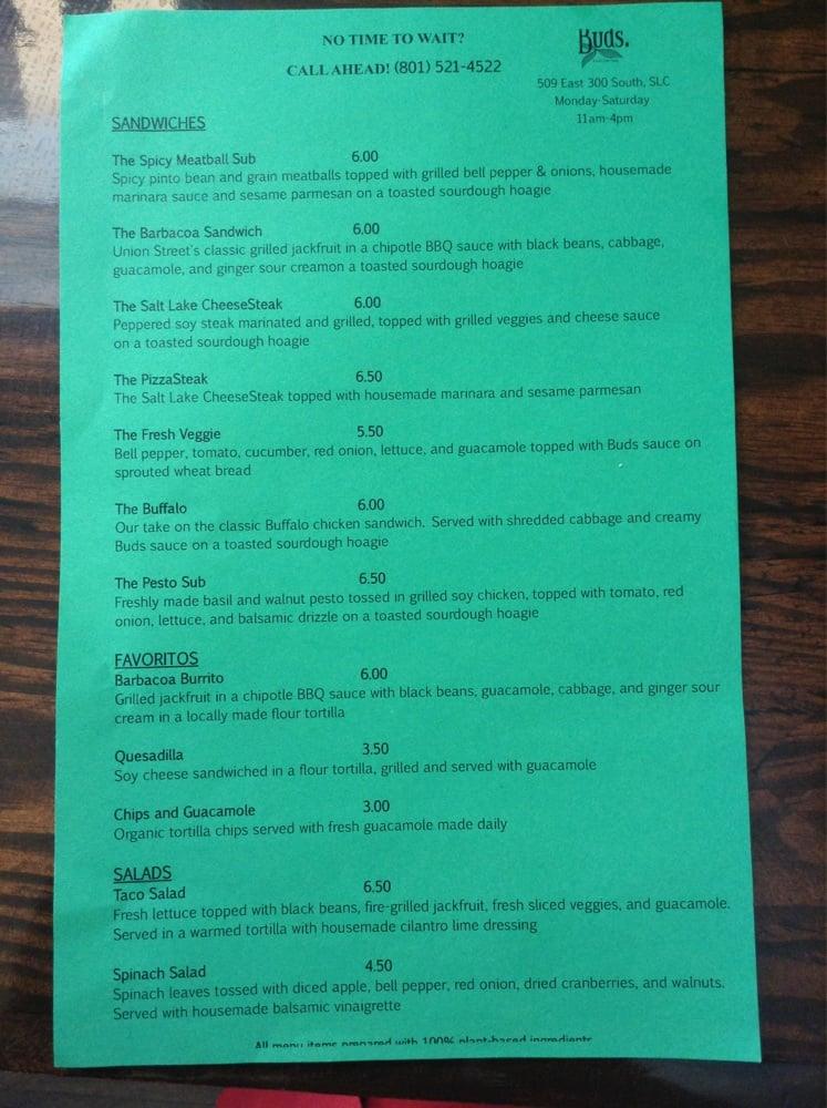 Menu at Buds restaurant, Salt Lake City