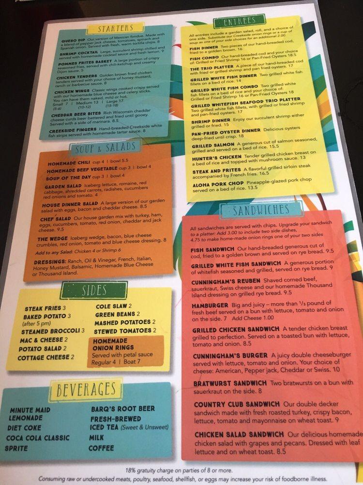 Menu at Cunningham's Creekside restaurant, Prospect