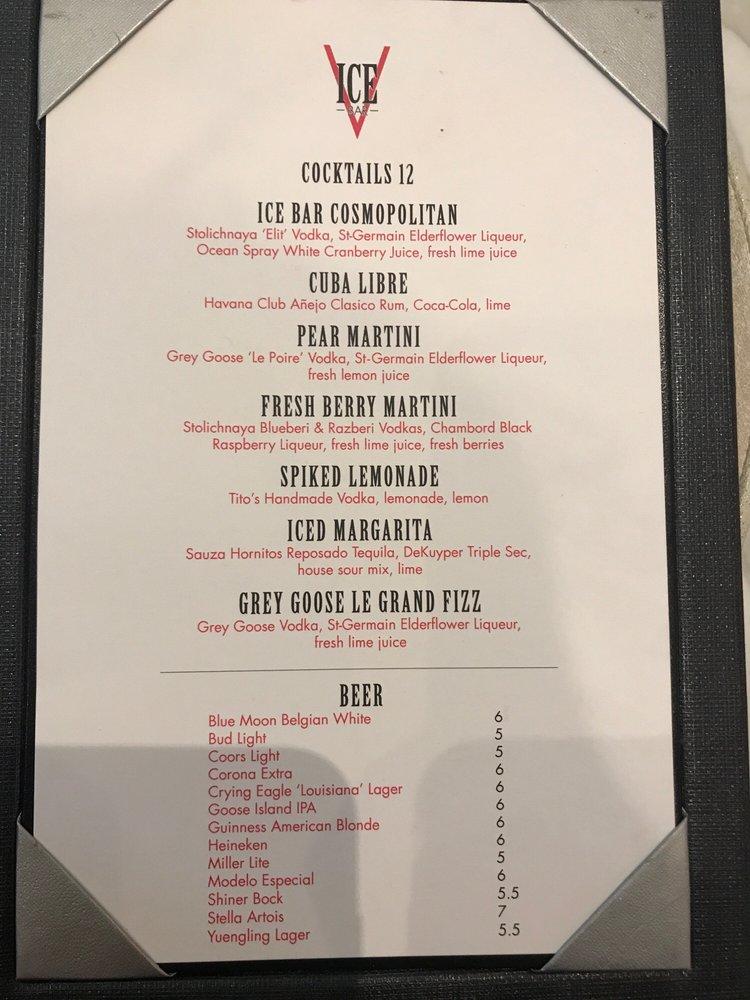 Menu at Ice Bar, Lake Charles