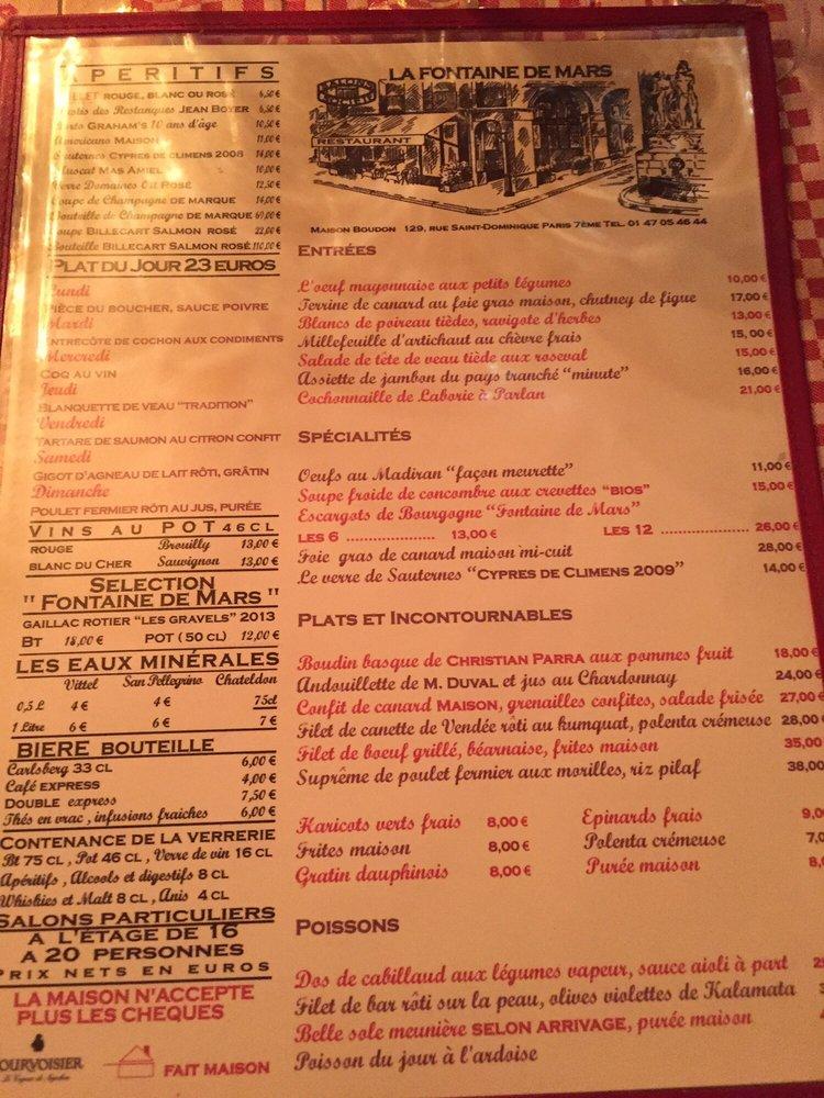 Menu at La Fontaine de Mars restaurant, Paris