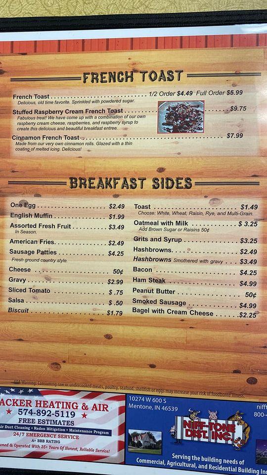 Menu at Log House Restaurant, Argos, 101 N Michigan St