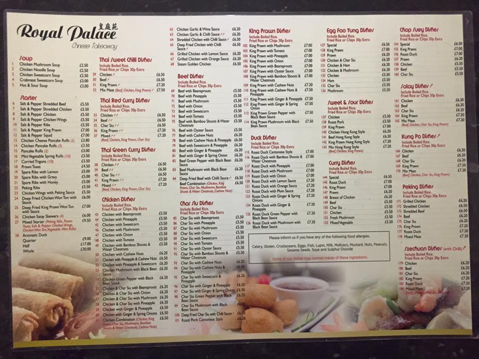 Menu at Royal Palace restaurant, Alva