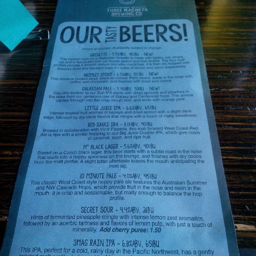 Menu at Three Magnets Brewing Co. pub & bar, Olympia