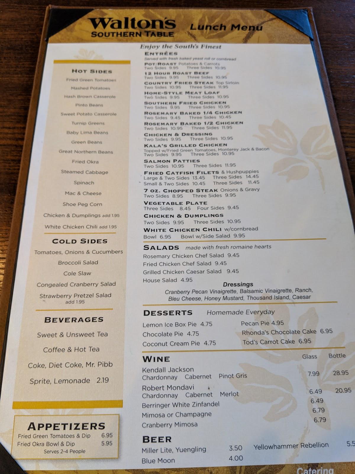 Menu at Walton's Southern Table restaurant, Huntsville
