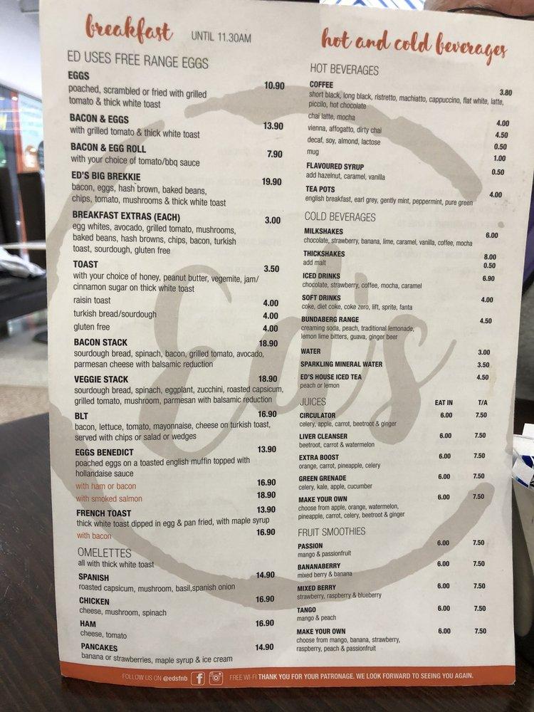 Menu at Ed's Cafe, Castle Hill