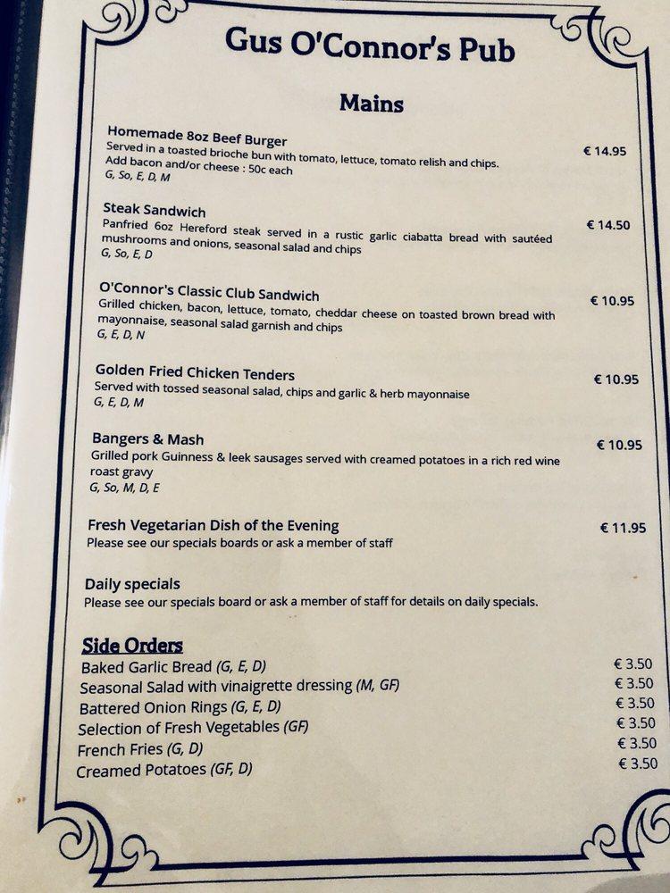 Menu at Gus O'Connor's Pub, Doolin