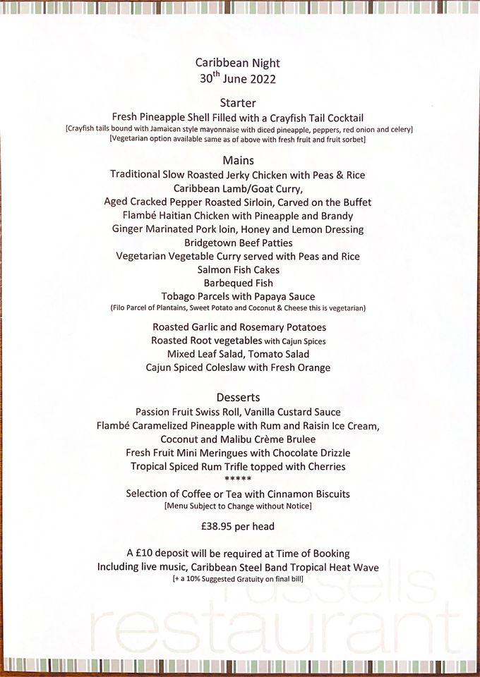 Carta de Russells Restaurant, Chelmsford
