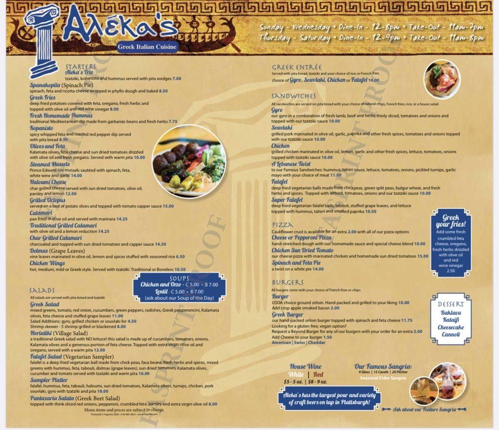 Menu at Aleka's restaurant, Plattsburgh