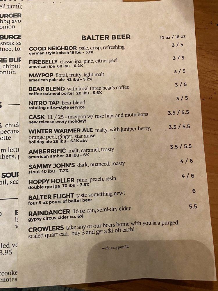 Menu at Balter Beerworks pub & bar, Knoxville