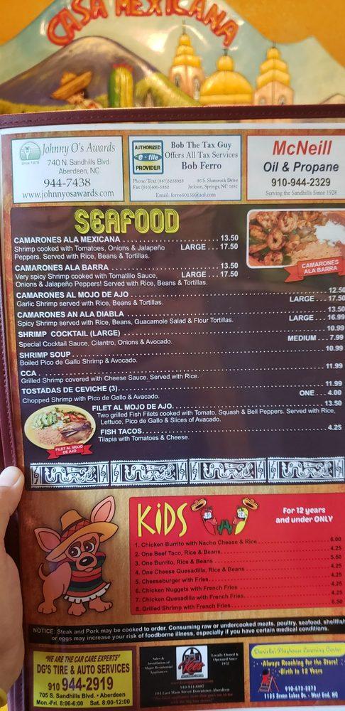 Menu at Casa Mexicana restaurant, Southern Pines