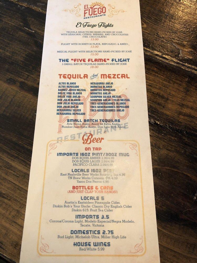 Carta de El Fuego Restaurant, Nashville